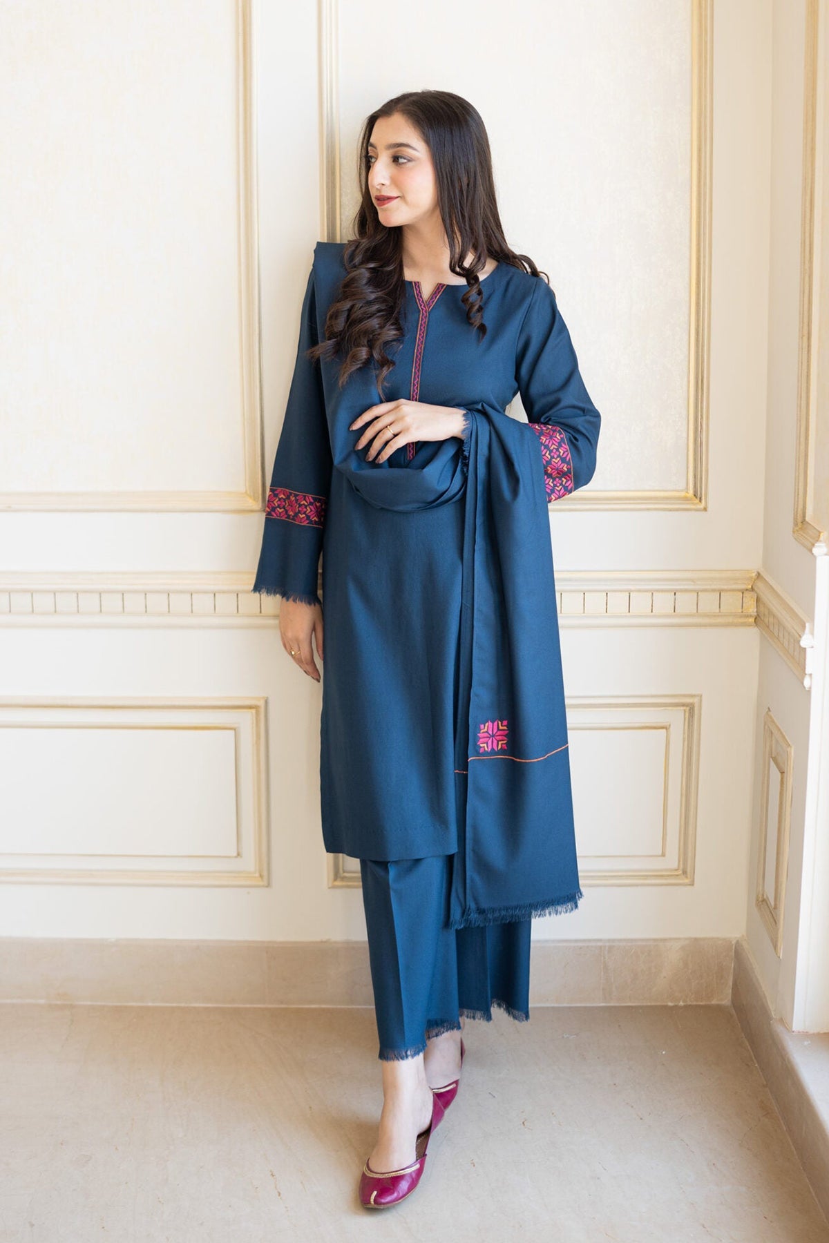 Aisling Winter 3PC Embroidered Dhanak Suit with Heavy Embroidered Shaw ...