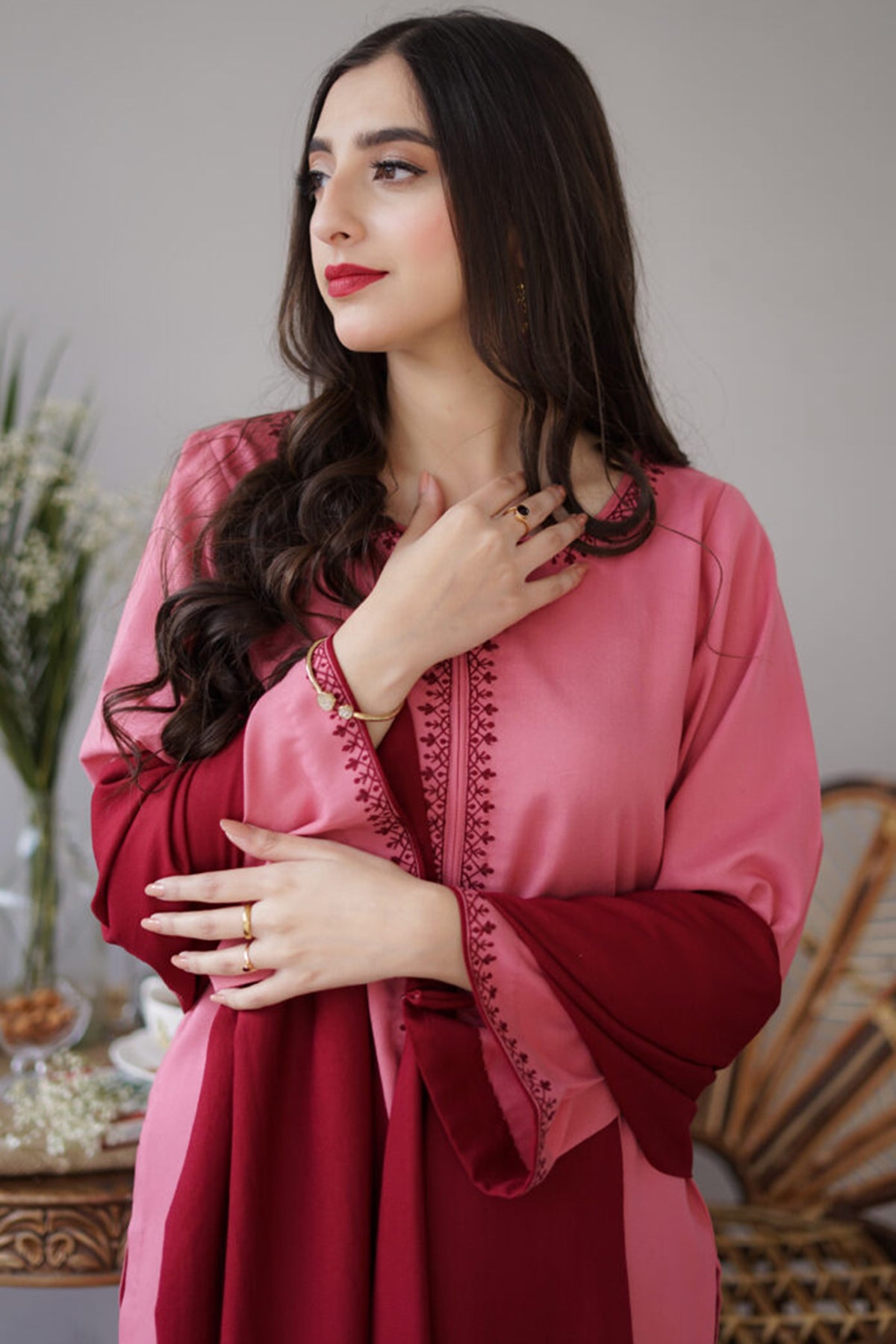 Aisling Baby Pink 3PC Embroidered Dhanak with Embroidered Dhanak Shawl ...